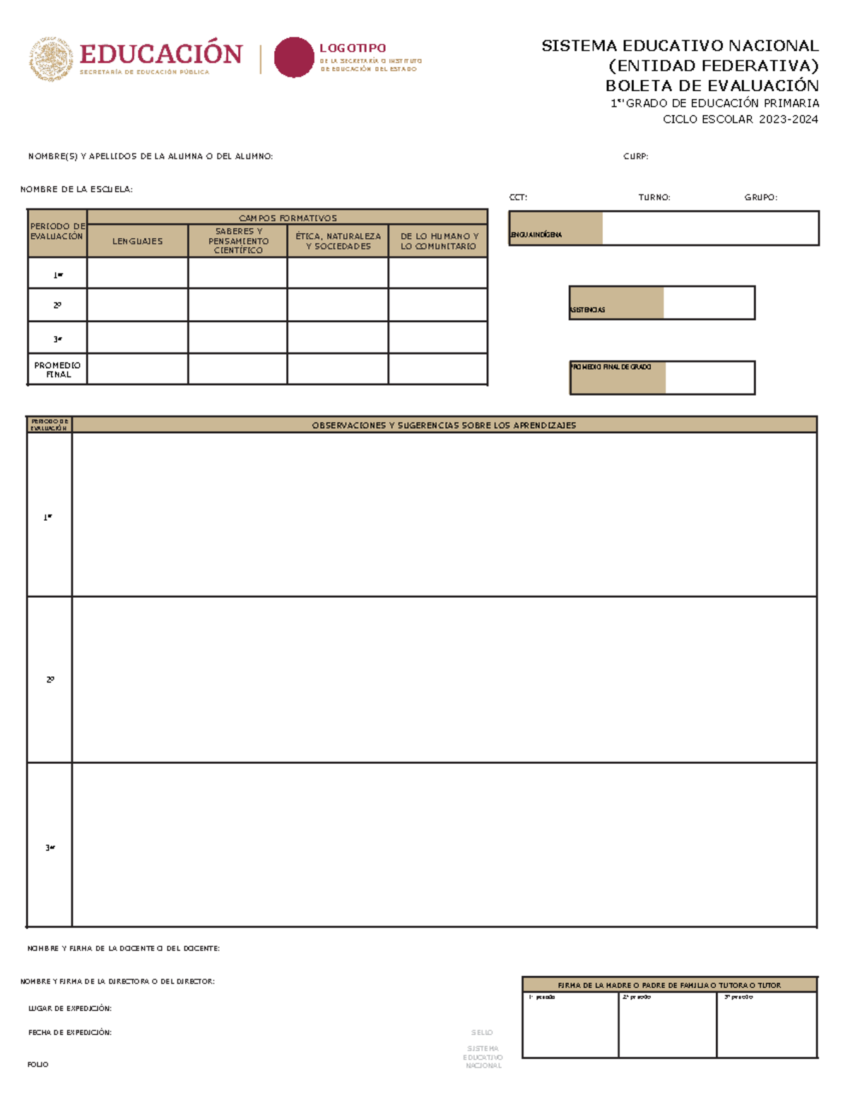 Formato Boletas - BOLETA DE CALIFICACIONES SEXTO GRADO - (ENTIDAD ...