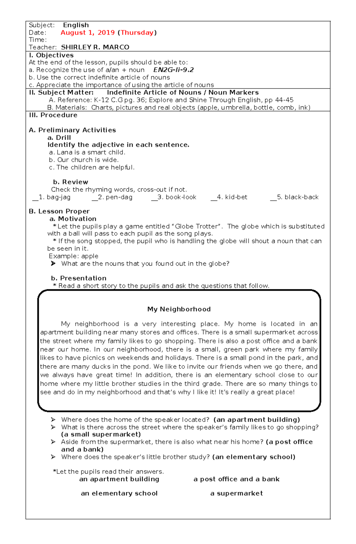 English 2 daily lesson plan - Subject: English Date: August 1, 2019 ...