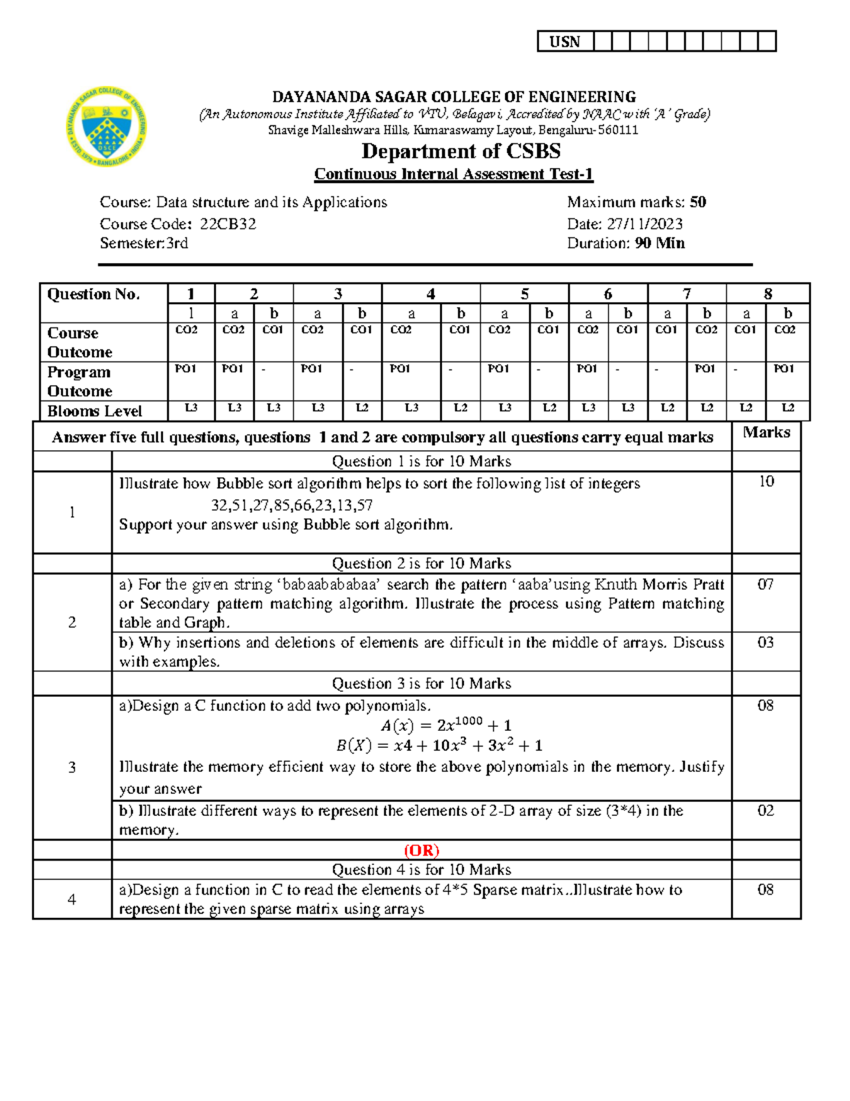 DSA question paper(updated) - DAYANANDA SAGAR COLLEGE OF ENGINEERING (An Autonomous Institute ...