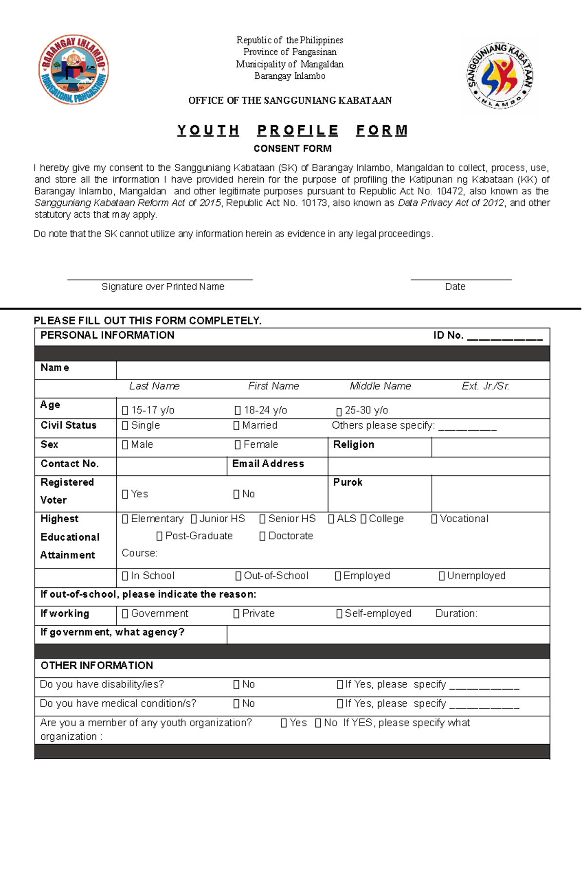 KK Profiling - N/A - Republic of the Philippines Province of Pangasinan ...