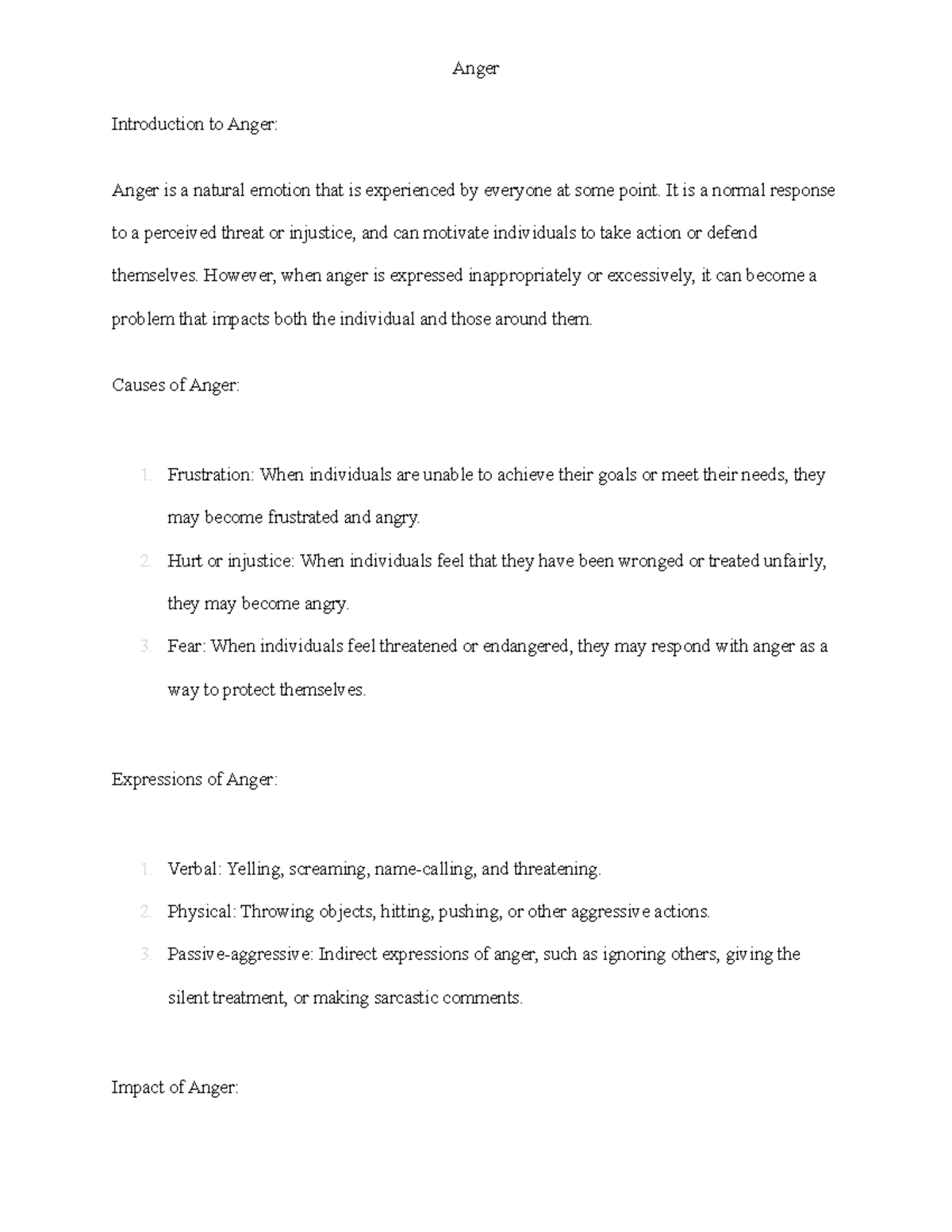 Anger - Professor - Anger Introduction to Anger: Anger is a natural emotion that is experienced ...