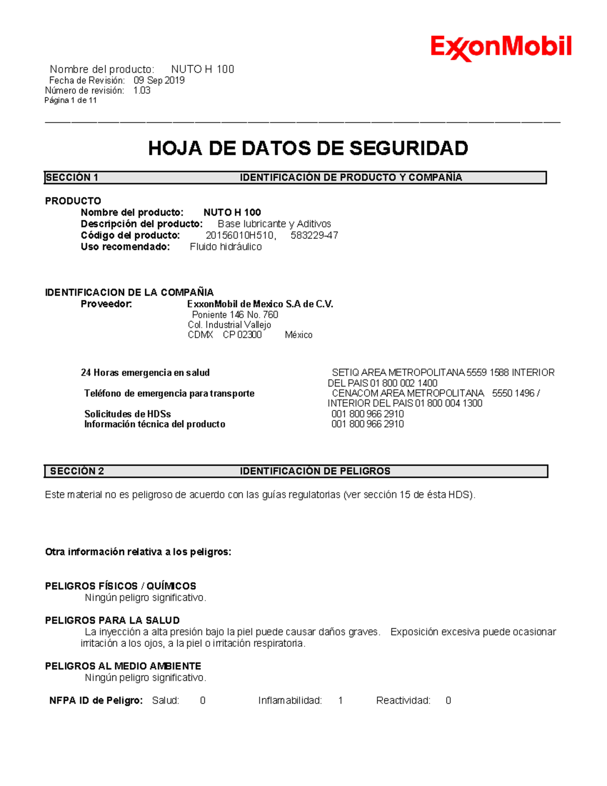 Nuto H 100 MSDS 157255 - ficha tecnica de lubricante - Fecha de ...