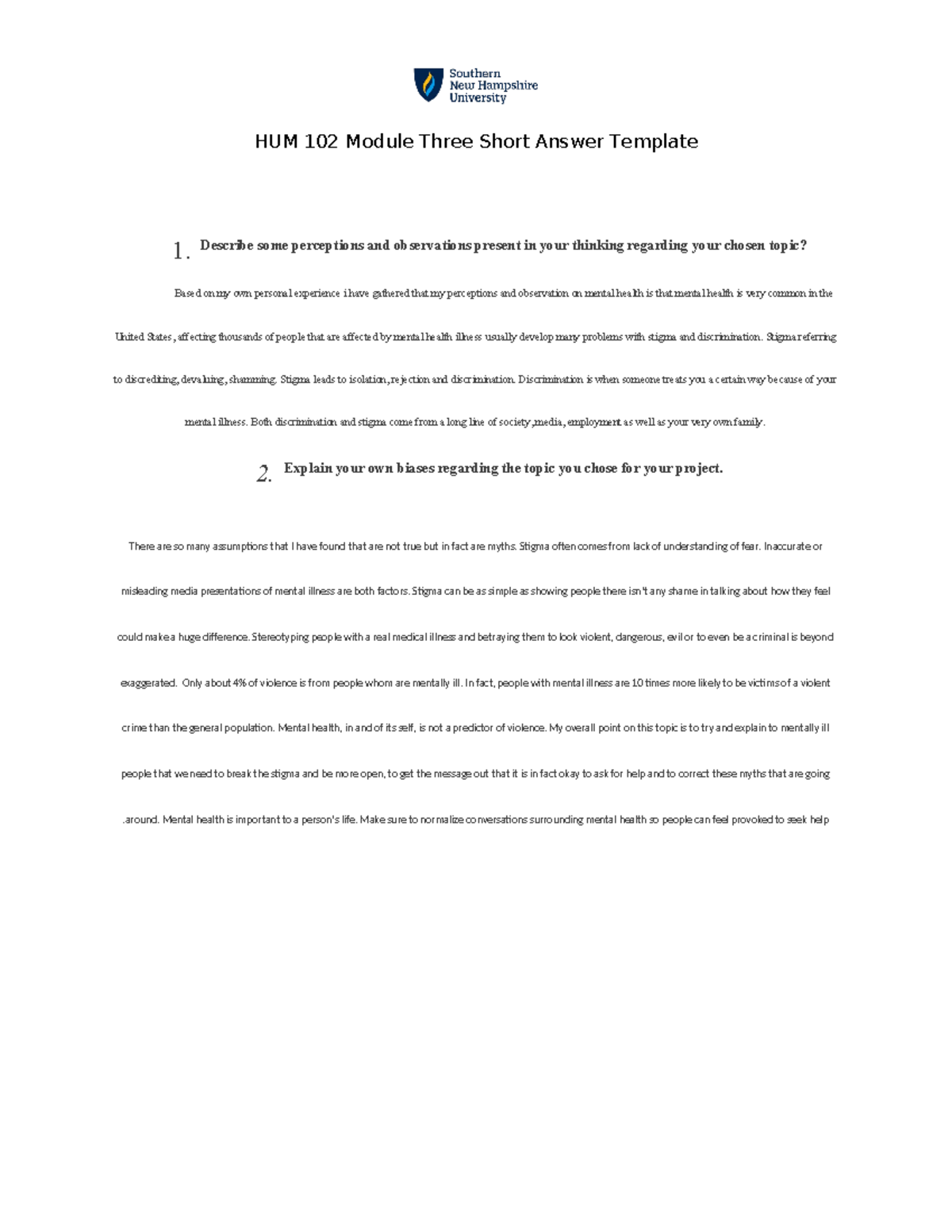 HUM 102 Module Three 2 Mental Health short answer - HUM 102 Module ...