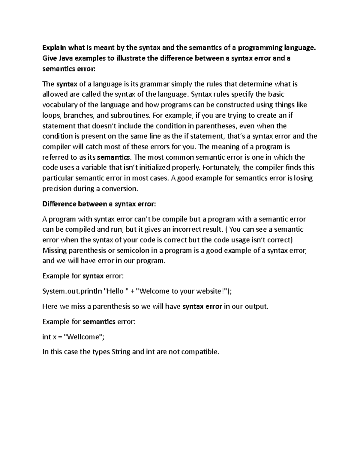 Discussion Forum Unit 1 - Explain what is meant by the syntax and the semantics of a programming ...