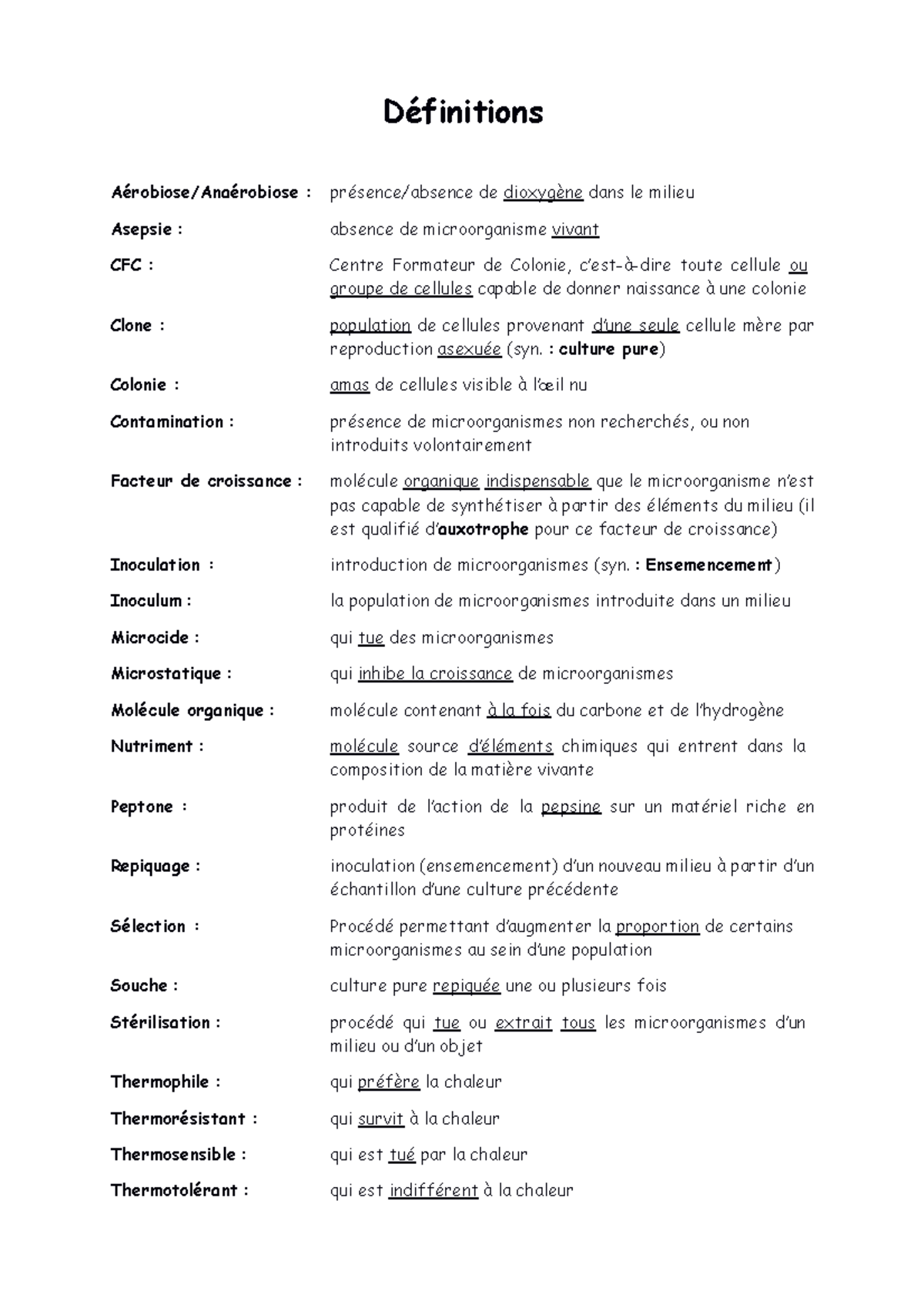Definitions - définitions en microbiologie - Définitions Aérobiose ...