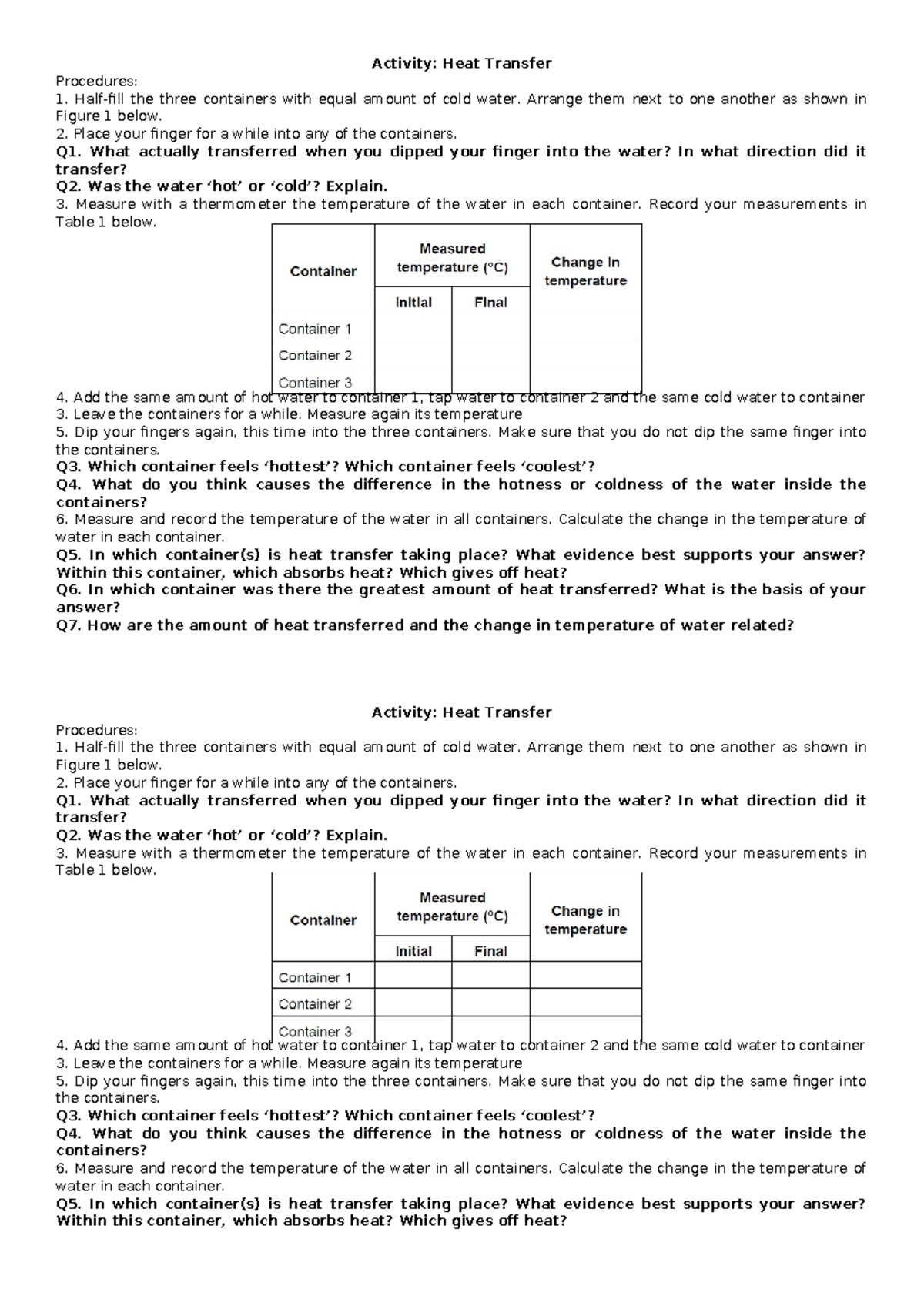 Activity heat transfer - Activity: Heat Transfer Procedures: Half-fill ...