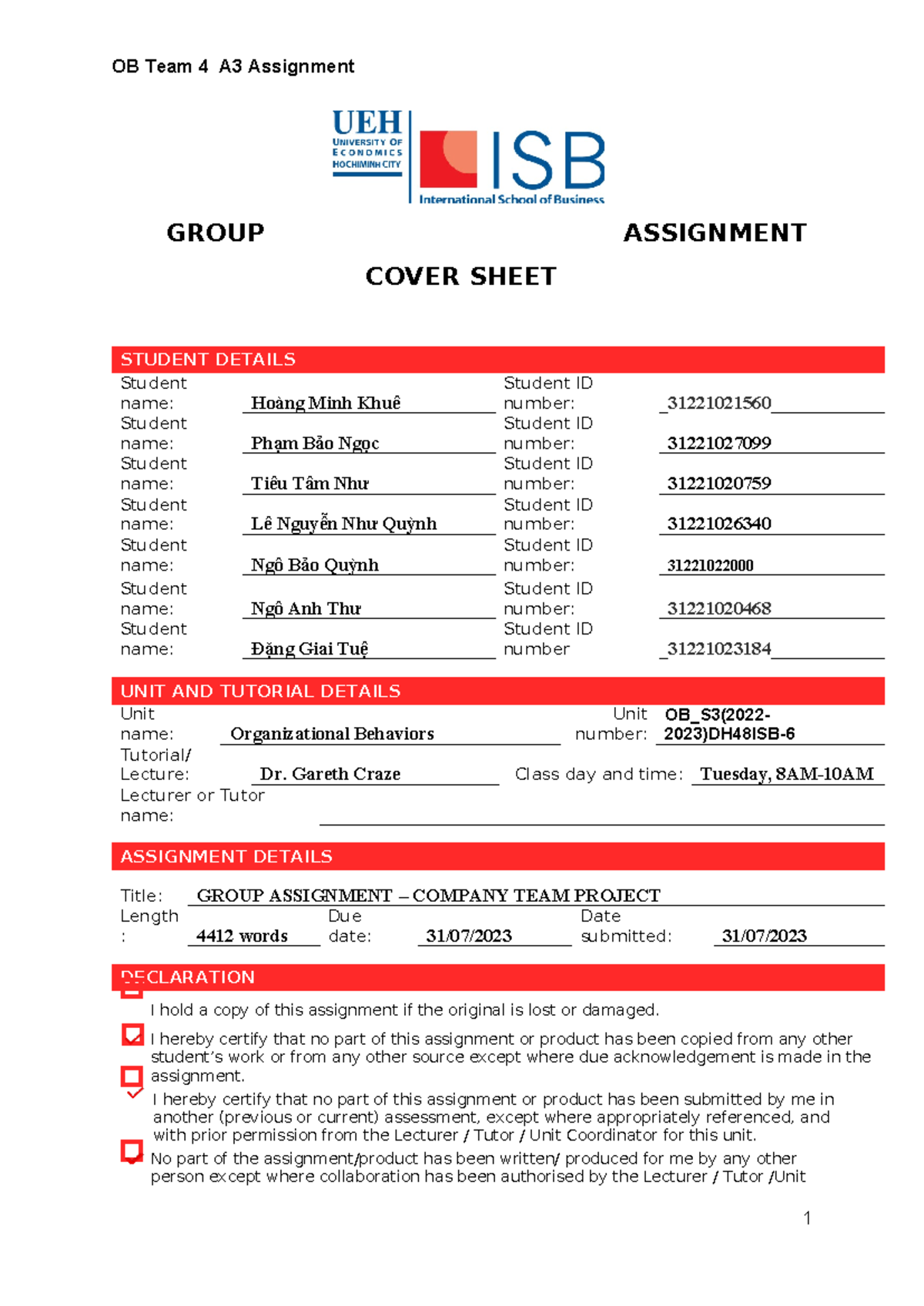 [OB] A3 Report (3500-4500 words) - GROUP ASSIGNMENT COVER SHEET STUDENT ...