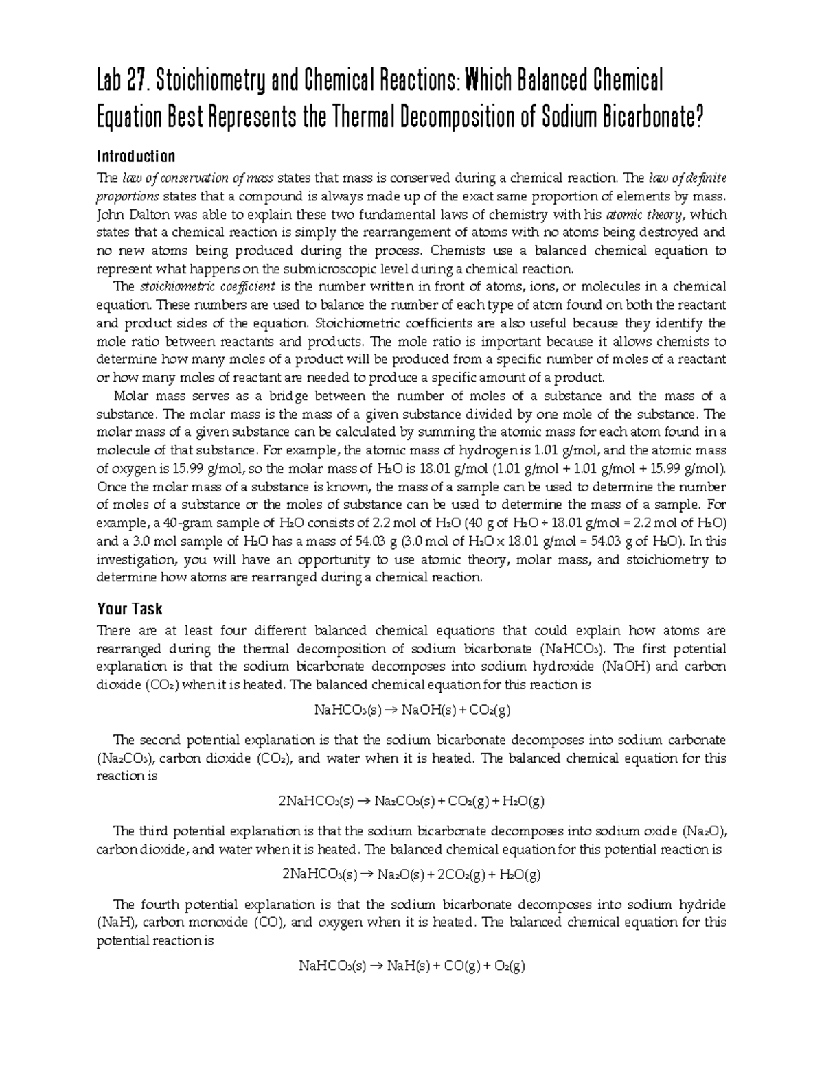 Lab27Student Handout-Stoichiometry And Chemical Reactions - Lab 27 ...