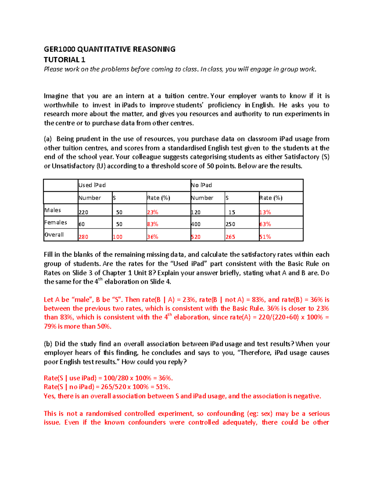 Tutorial 1 solution - GER1000 QUANTITATIVE REASONING TUTORIAL 1 Please work on the problems ...