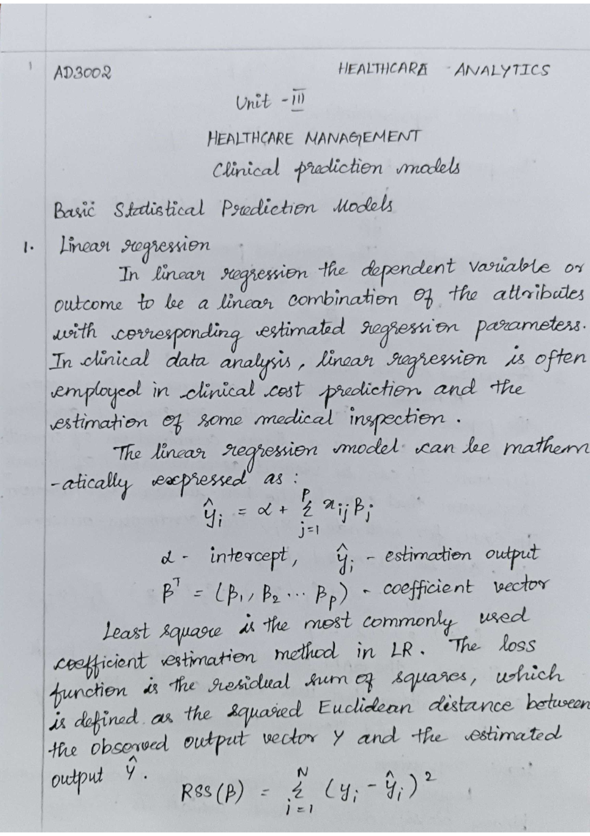 HCA UNIT 3 - Clinical prediction model - Healthcare Analytics - Studocu