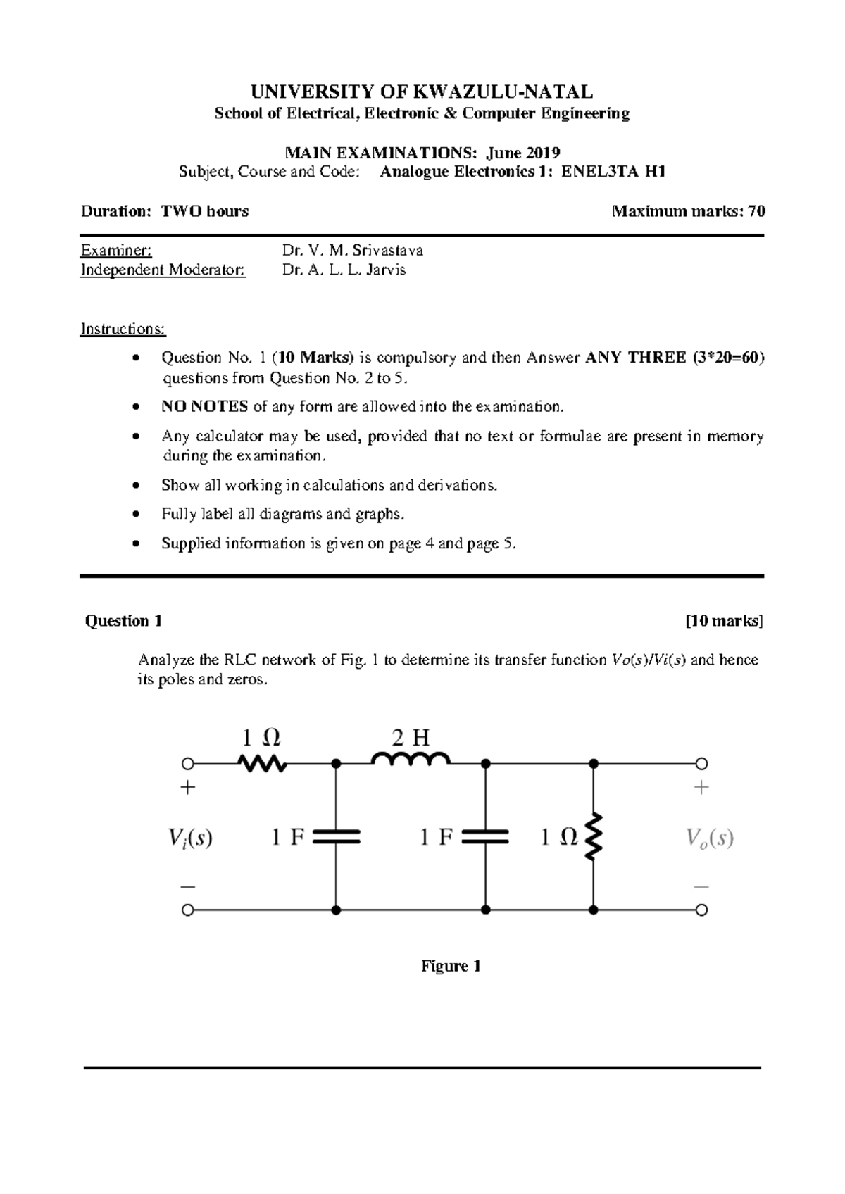 ENEL3TA H1 06 2019 Y P1 - UNIVERSITY OF KWAZULU-NATAL School of Electrical, Electronic & - Studocu