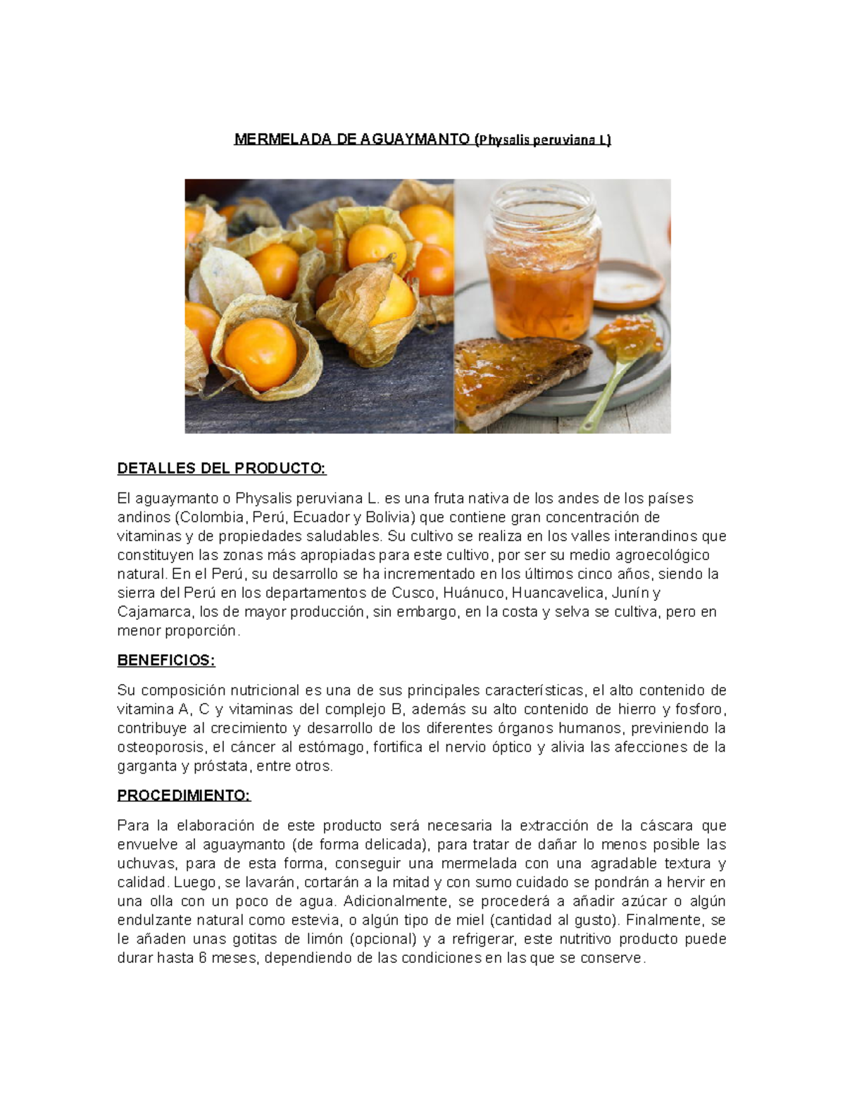 Mermelada DE Aguaymanto - MERMELADA DE AGUAYMANTO (Physalis peruviana L) DETALLES DEL PRODUCTO ...