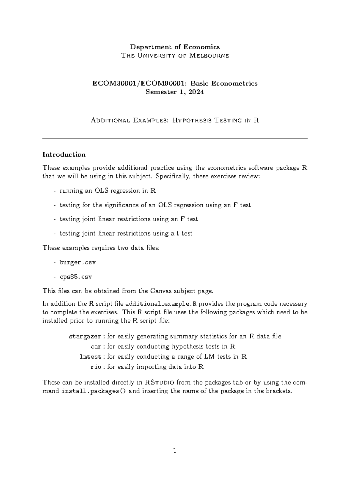Additional Hypothesis Testing Examples - Department of Economics The ...