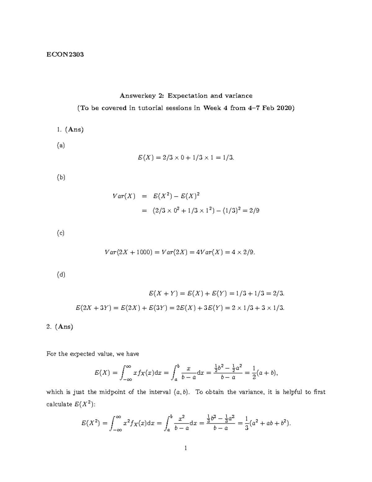 Answerkey 2 2020 For Tutorial 1 For Intro To Econometrics Econ Answerkey 2 Expectation And