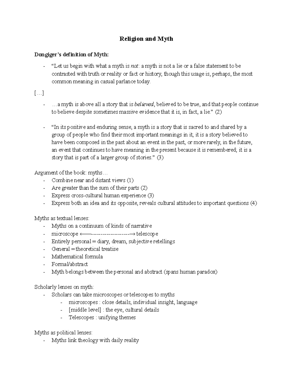 THEO 107 notes 9 27 - religion and myth - Religion and Myth Dongiger’s ...