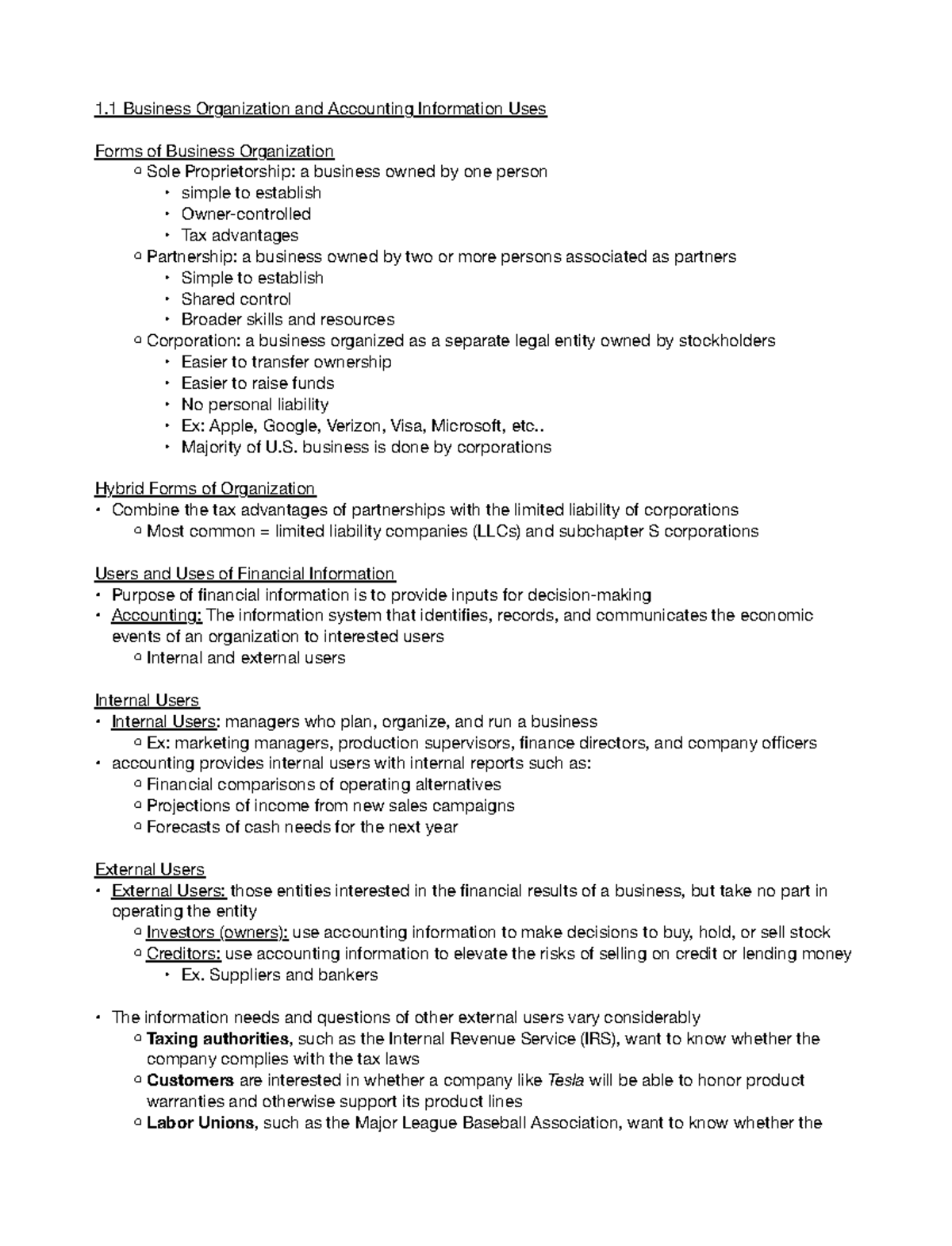 ACC 201 CH 1 notes from textbook - 1 Business Organization and ...