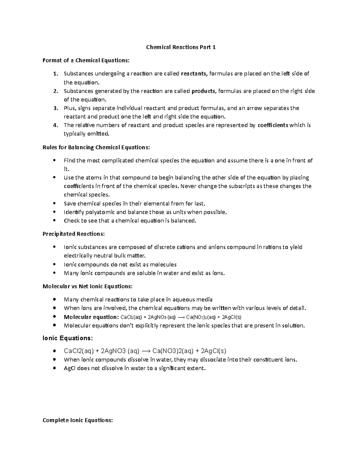Chapter 14 Chemical Reactions - Chemical Reactions Part 1 Format of a ...