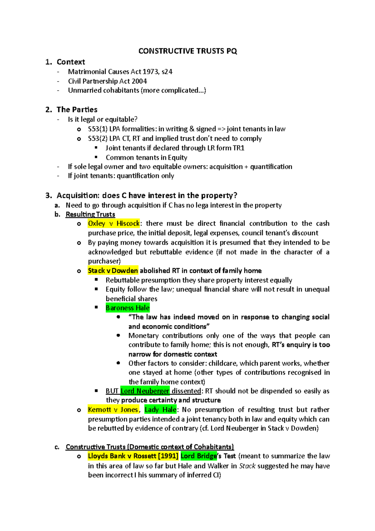 Constructive Trusts PQ - CONSTRUCTIVE TRUSTS PQ 1. Context Matrimonial ...