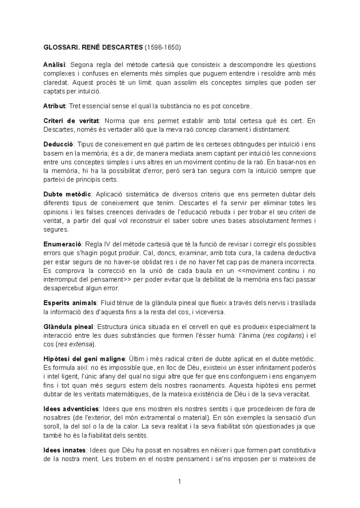 Glossari Descartes - GLOSSARI. RENÉ DESCARTES (1596-1650) Anàlisi ...