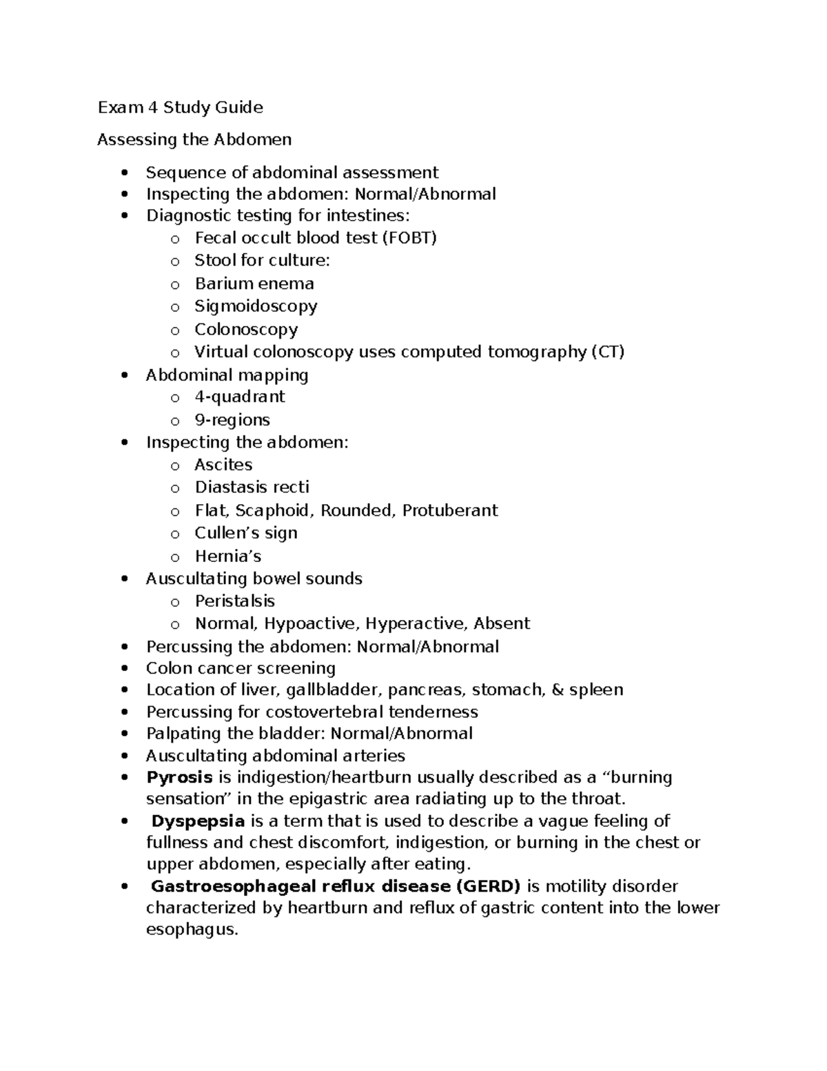 Exam 4 Study Guide - Exam 4 Study Guide Assessing the Abdomen Sequence ...