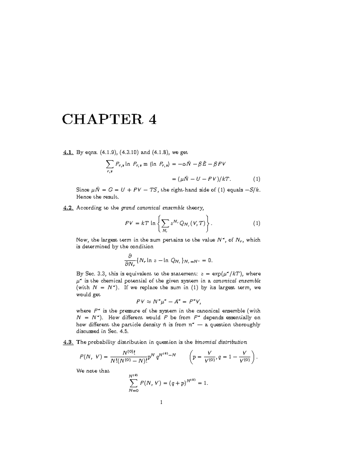 Chapter 4 - Statistical Mechanics - CHAPTER 4 By eqns. (4.1), (4.3) and (4.1), we get ∑ r,s Pr,s ...