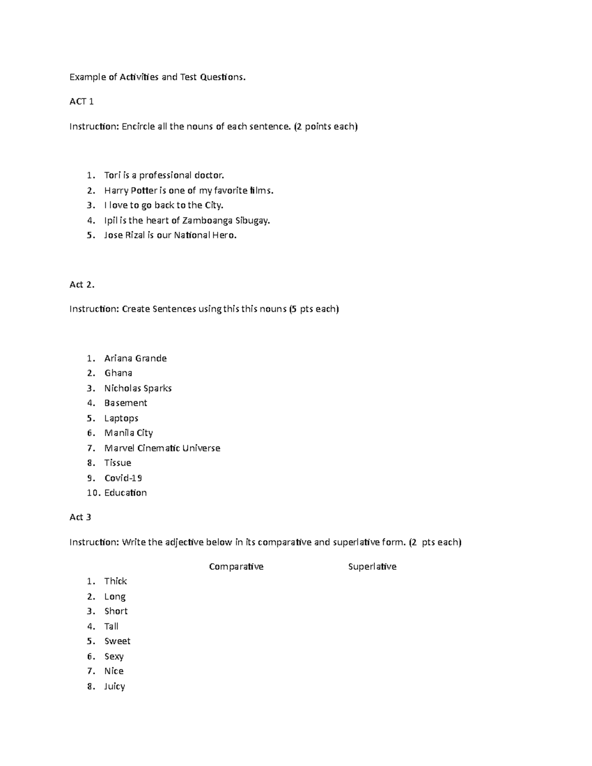 Example of Activities and Test Questions in English Grammar - Example ...