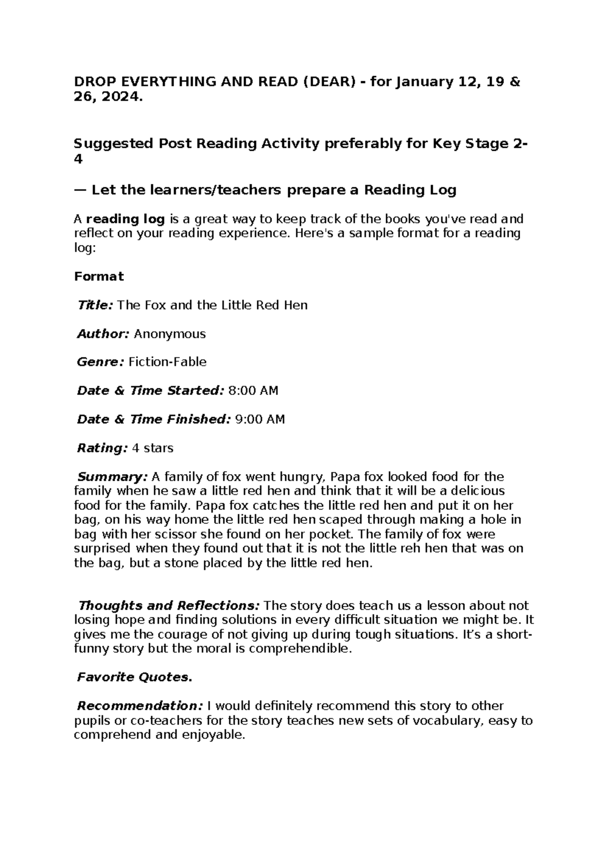 Reading Log Sample - DROP EVERYTHING AND READ (DEAR) - for January 12 ...