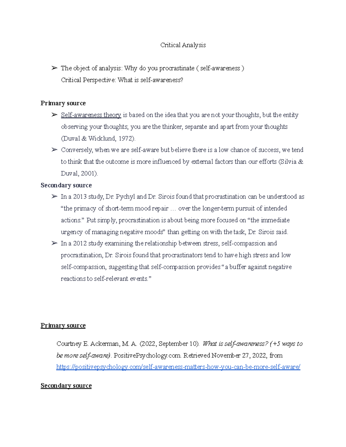 Critical Analysis - Georgian College - Critical Analysis The object of ...