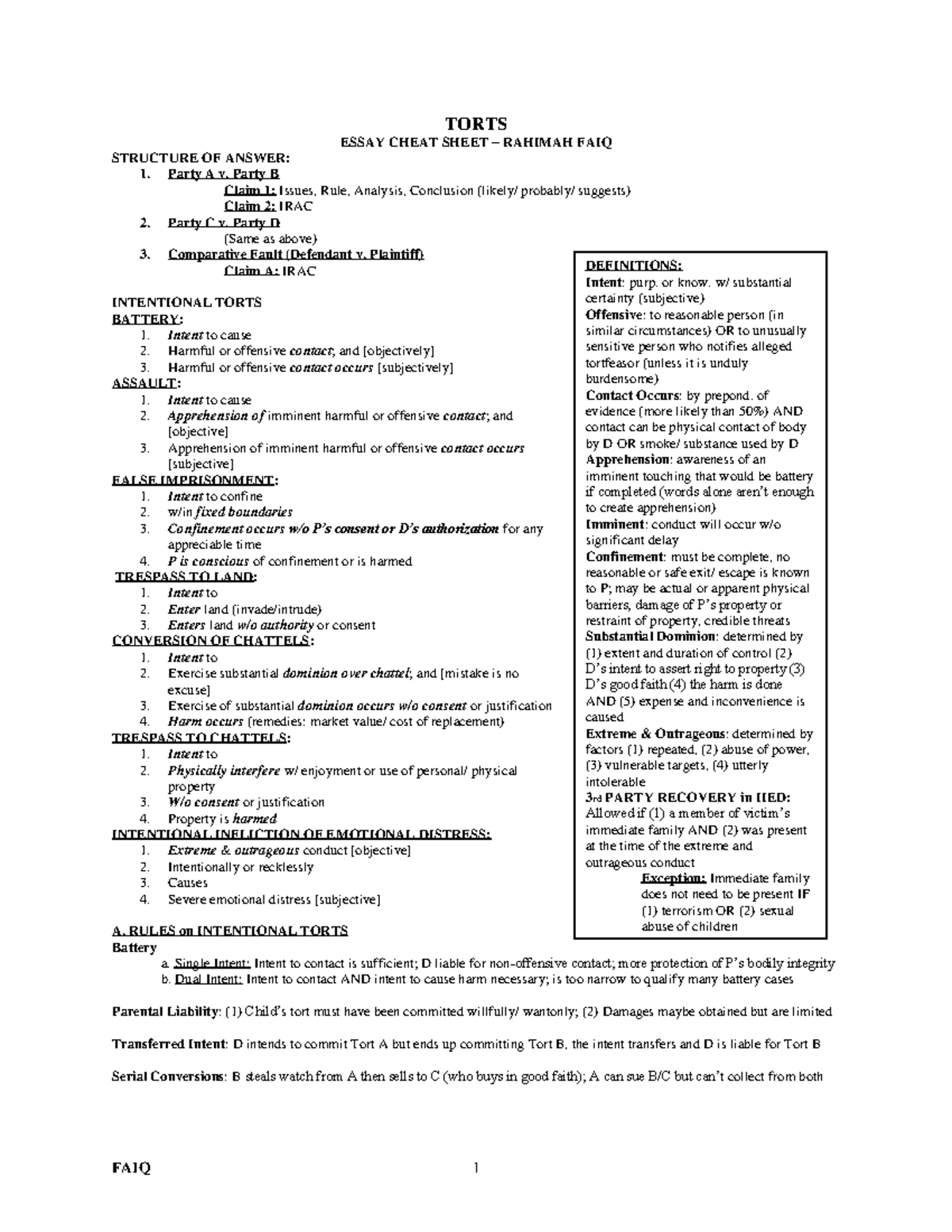 Torts Essay Cheat Sheet - 1L Course - TORTS ESSAY CHEAT SHEET – RAHIMAH ...