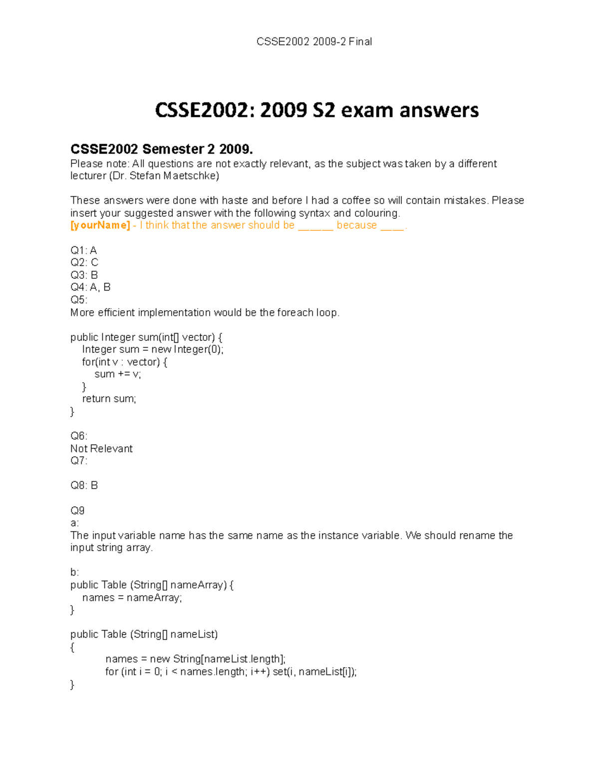 Exam 2009, Answers - CSSE2002 2009-2 Final CSSE2002: 2009 S2 exam answers CSSE2002 Semester 2 ...
