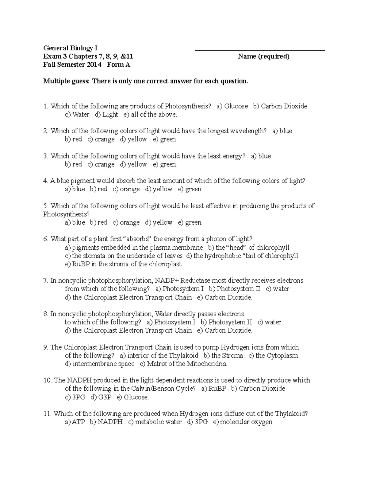 Exam 3A Fall 2014 - Practice Exam 3 Dr.Brothy - General Biology I Exam ...