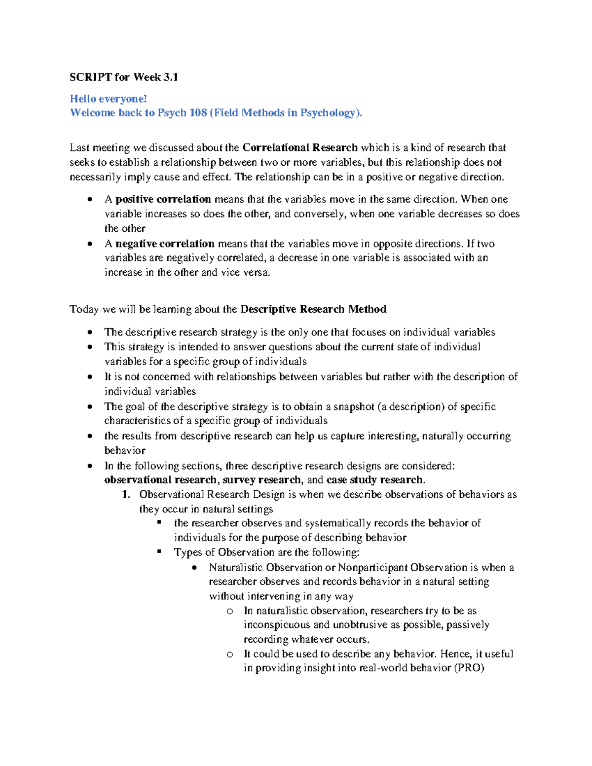 CSU Week 3.1 Script Descriptive Research - SCRIPT for Week 3. Hello ...