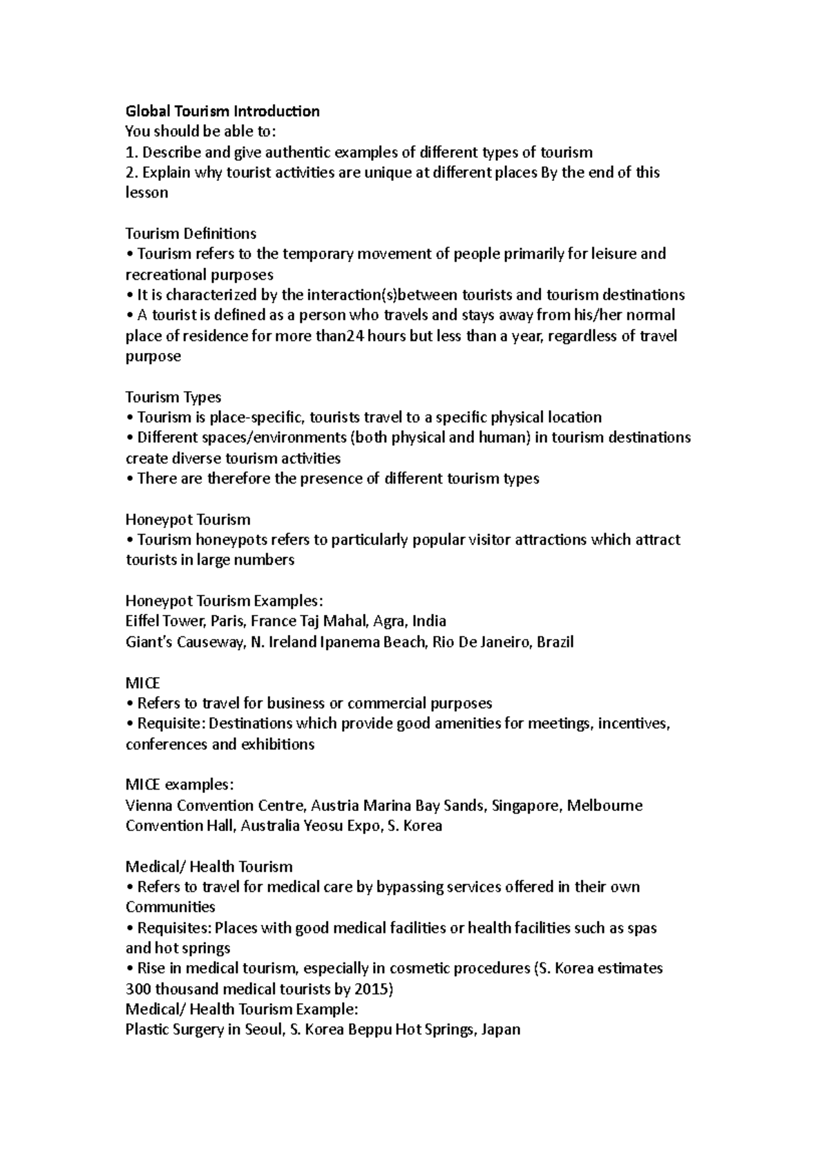 Global Tourism Introduction Study Guide - Global Tourism Introduction ...