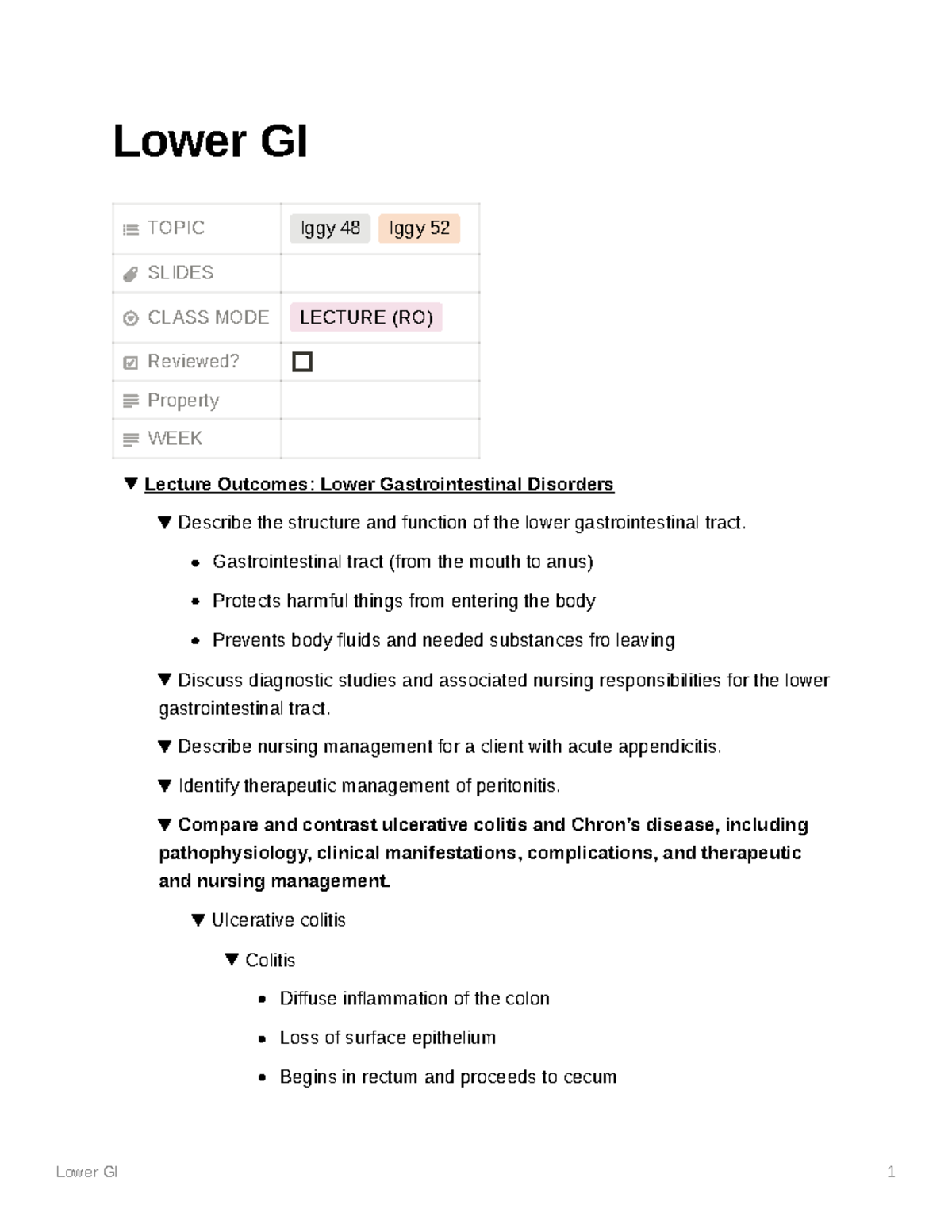 Lower GI - Lower GI TOPIC Iggy 48 Iggy 52 SLIDES CLASS MODE LECTURE (RO ...
