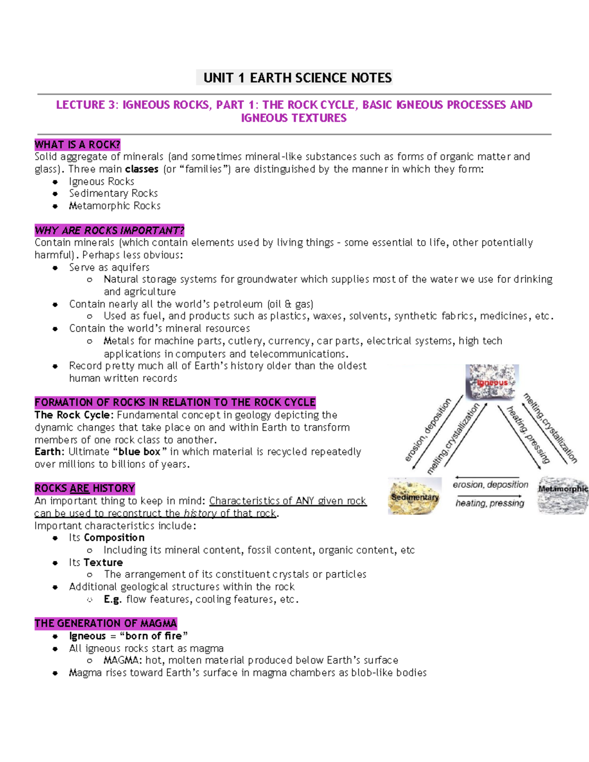 UNIT 1 - Lecture 3 & 4 - UNIT 1 EARTH SCIENCE NOTES LECTURE 3: IGNEOUS ...