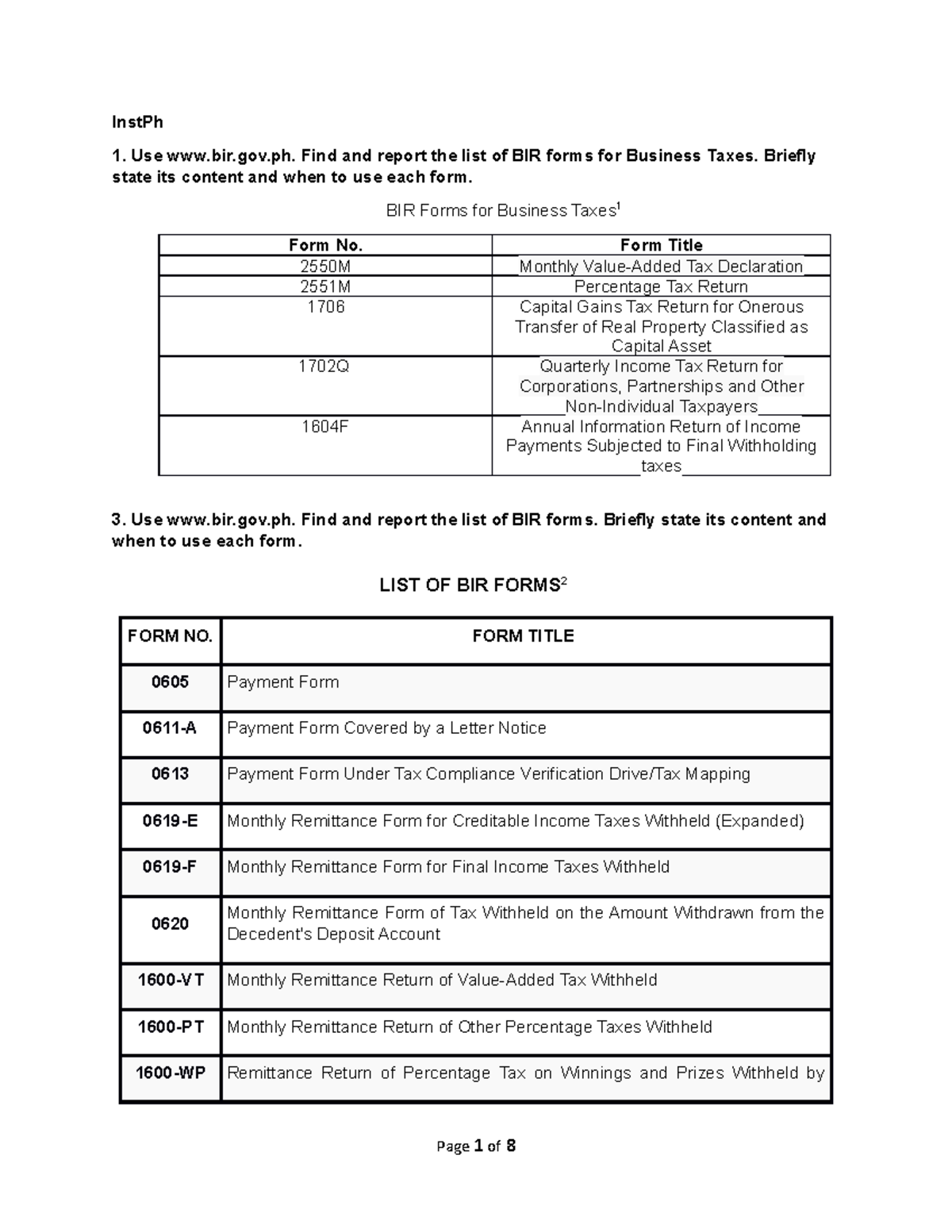 Chapter 7 discussion questions - InstPh 1. Use bir.gov. Find and report ...