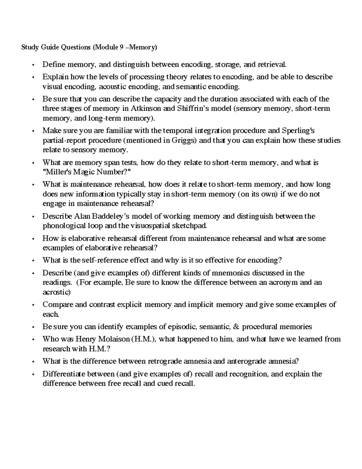 Module 9 Study Questions - Study Guide Questions (Module 9 –Memory ...