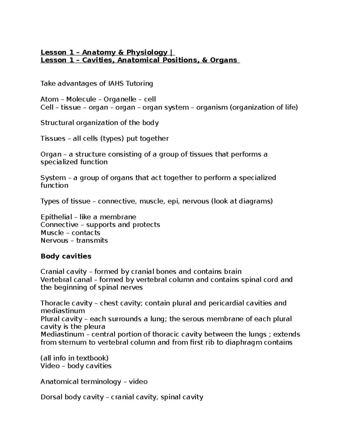 Week 1 -2 Lesson - Lecture notes 1-2 - Lesson 1 – Anatomy & Physiology ...