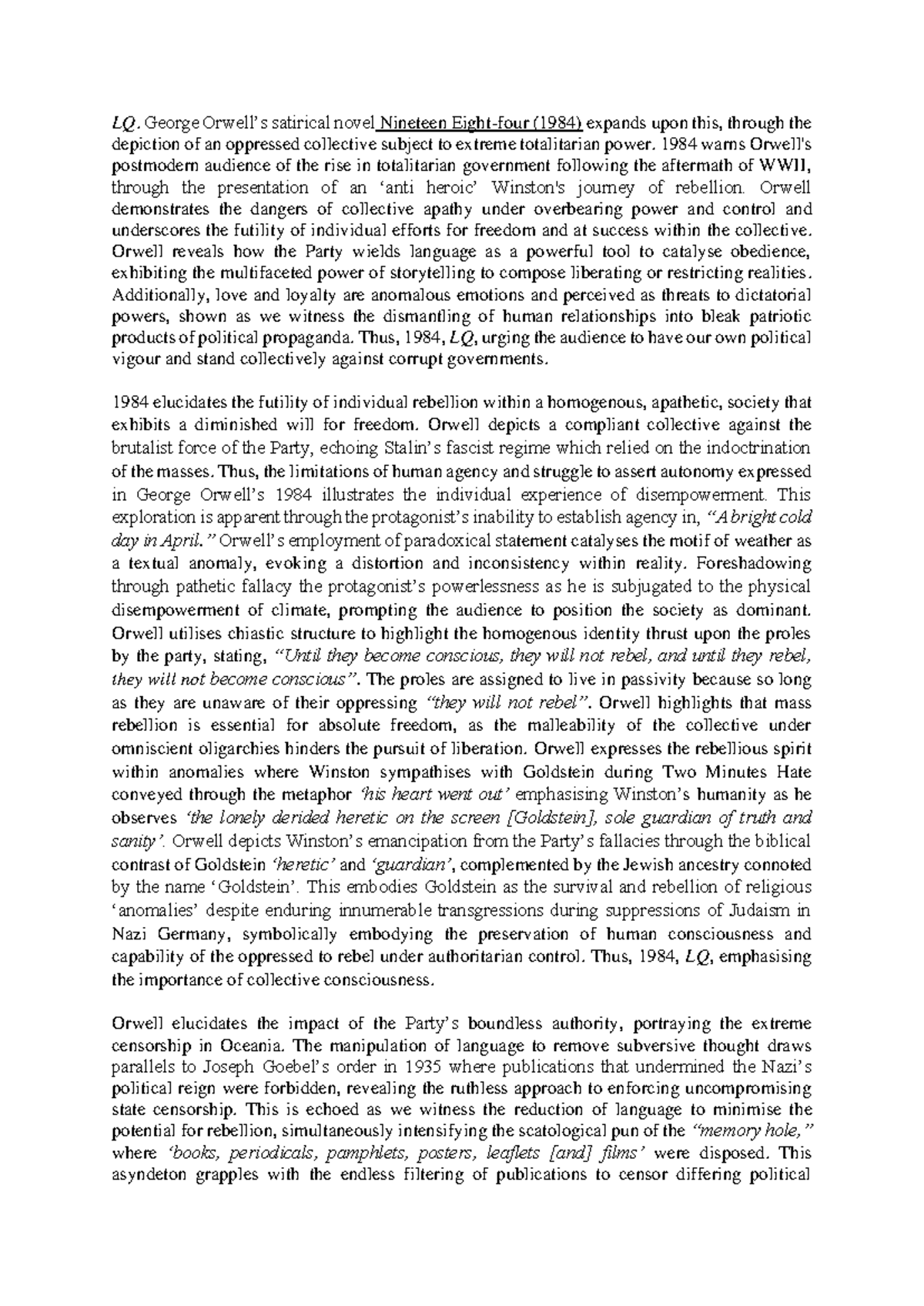 1984 master essay - Orwell's 1984 - LQ. George Orwell’s satirical novel ...