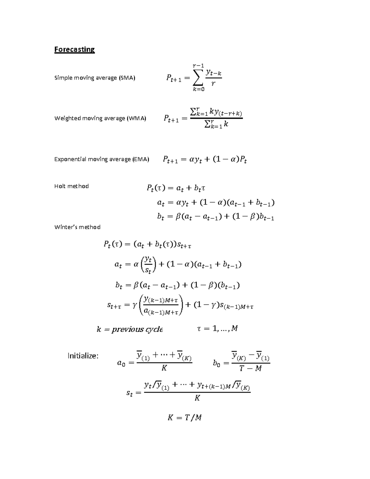 Formula Sheet Mid term - Forecasting Simple moving average (SMA ...