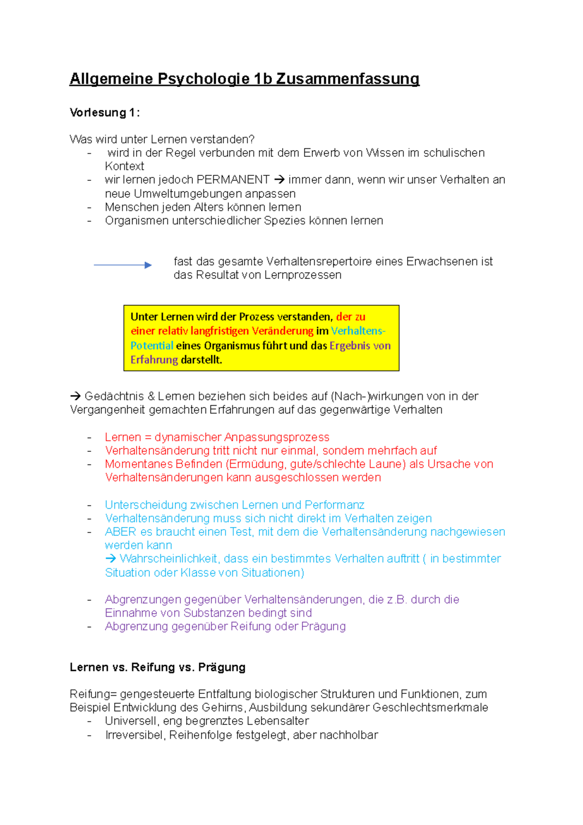 VL Zusammenfassungg - Gesamter Kurs, Haider - Allgemeine Psychologie 1b Zusammenfassung ...