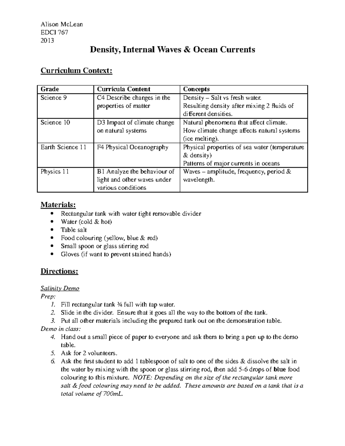 Density, Waves, Ocean Currents demo - Alison McLean EDCI 767 2013 ...