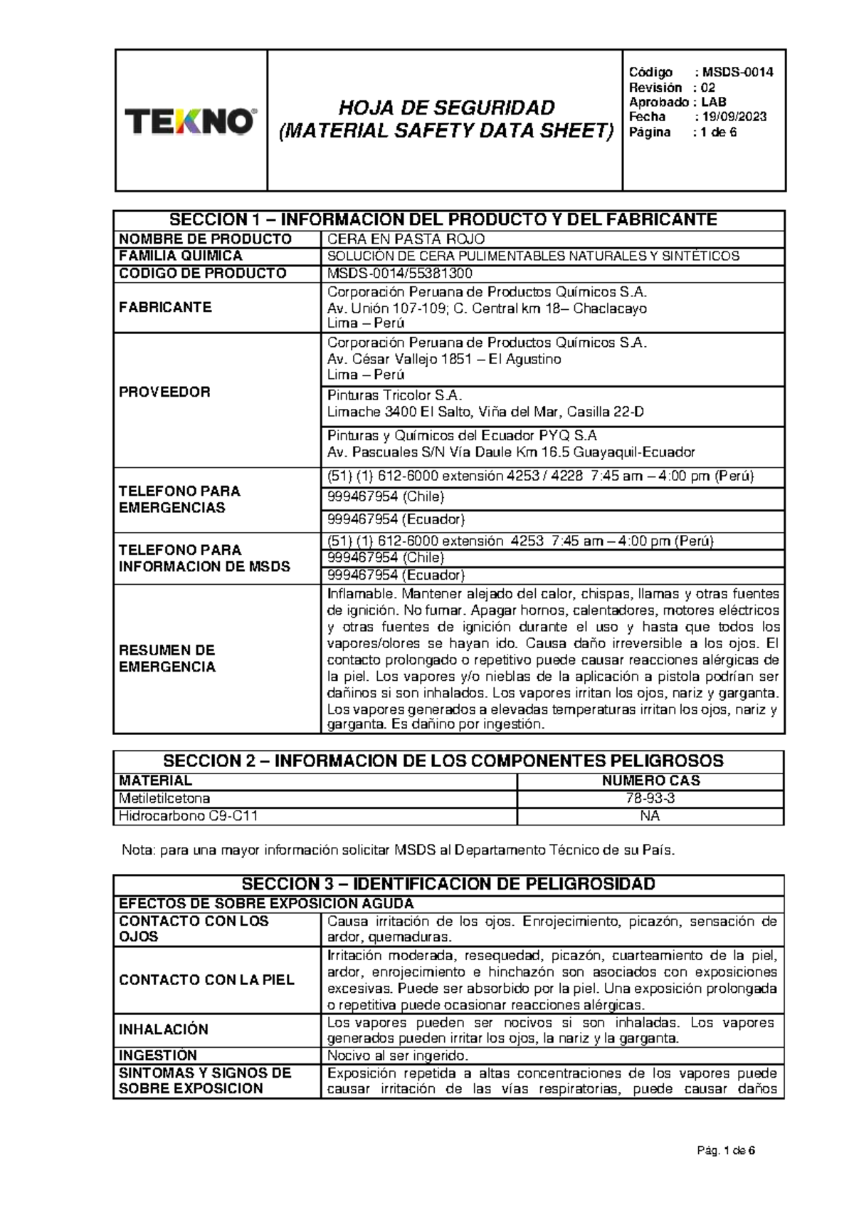 MSDS CERA EN Pasta ROJO - Hojas de seguridad - HOJA DE SEGURIDAD ...