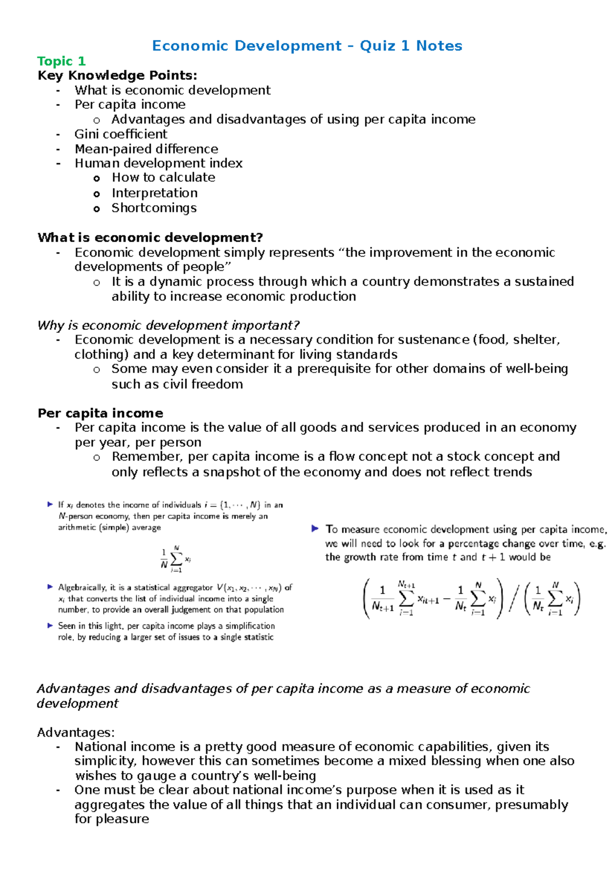 Eco Dev - Quiz 1 notes - Economic Development – Quiz 1 Notes Topic 1 ...