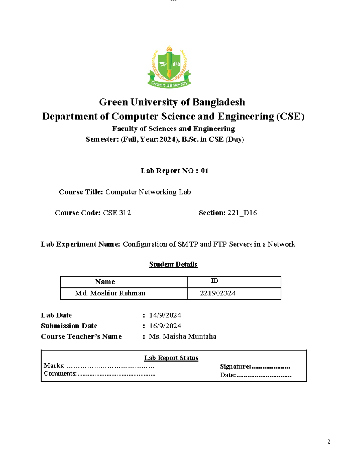 Networking Lab 221902324 Moshiur - Green University of Bangladesh ...