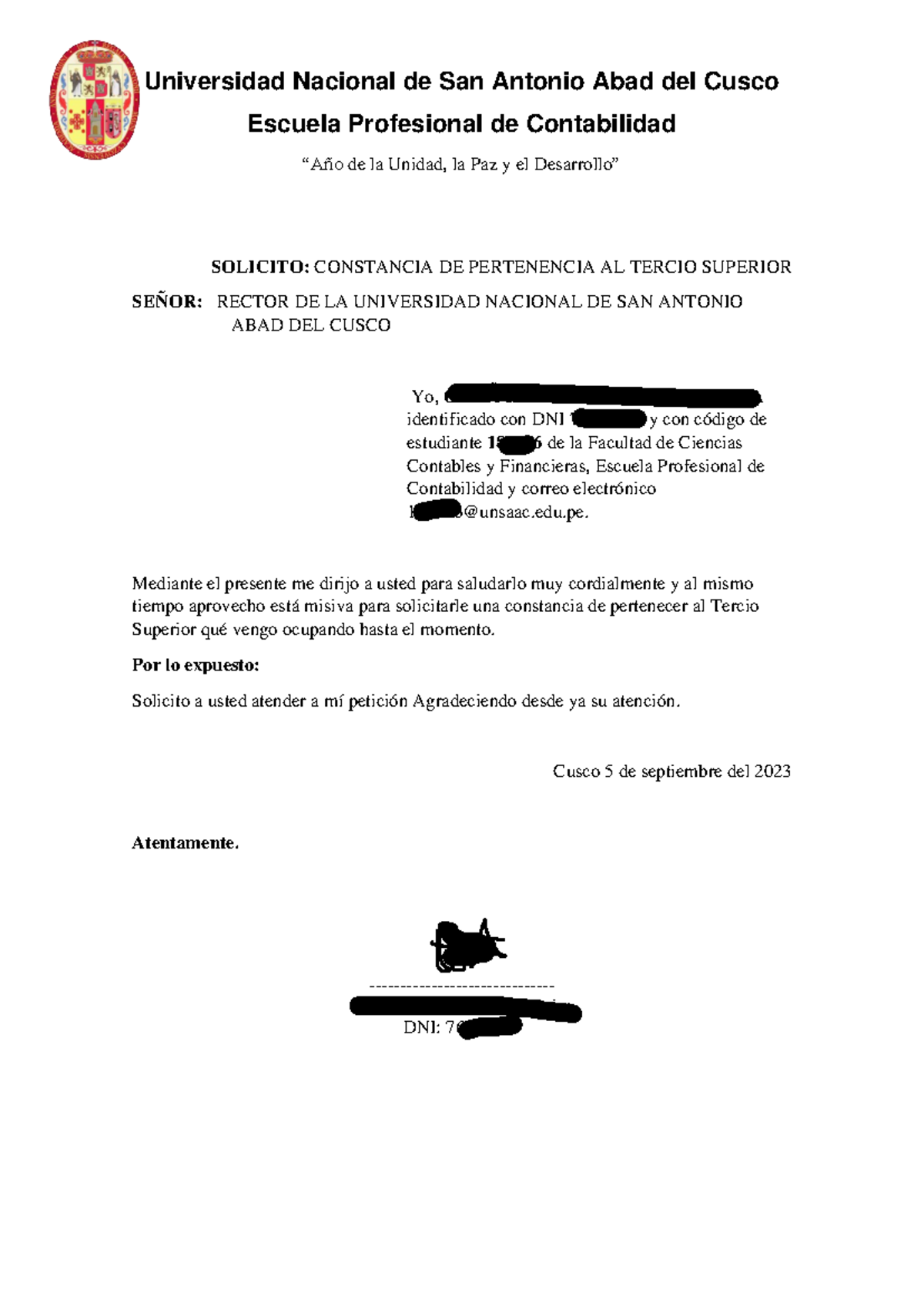 Solicitud dirigida al rector - Universidad Nacional de San Antonio Abad ...
