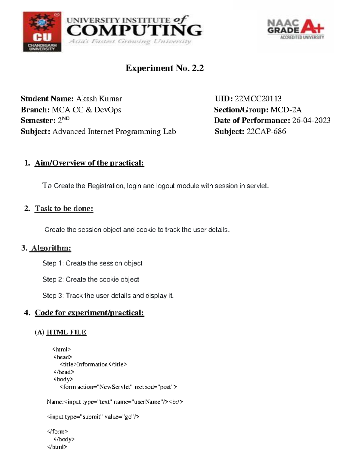 Advanced Internet programming 2.2 - Experiment No. 2. Student Name ...