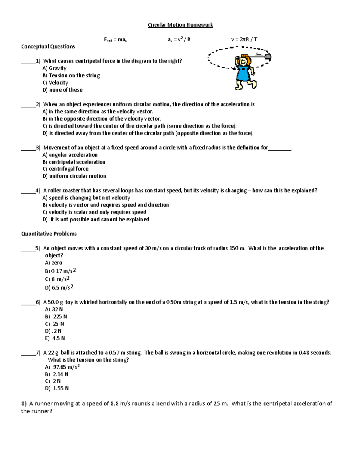 FVA Circular Motion Homework 2021 - Circular Motion Homework Fnet = mac ...