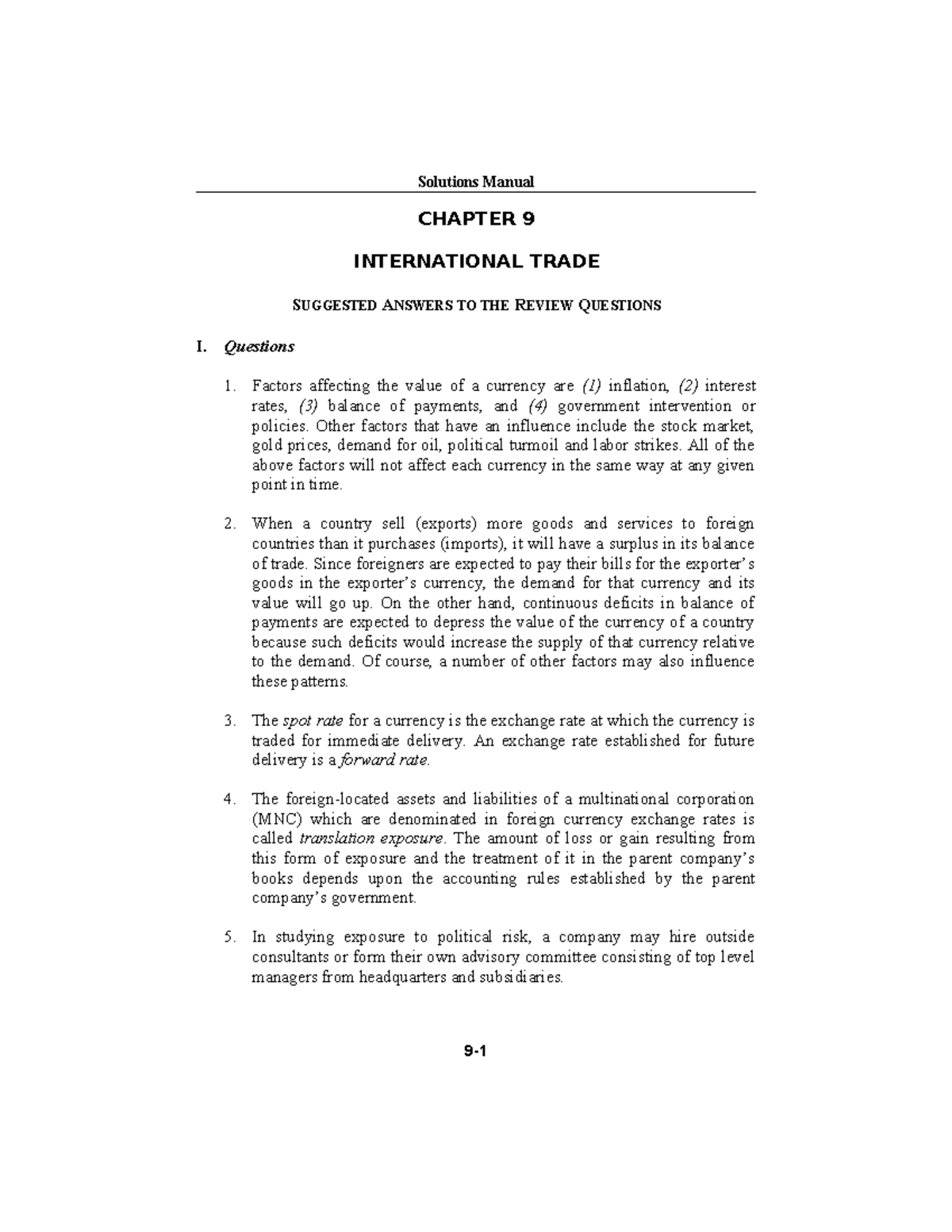 255538822 Chapter 9 Answer - Solutions Manual CHAPTER 9 INTERNATIONAL TRADE SUGGESTED ANSWERS TO ...