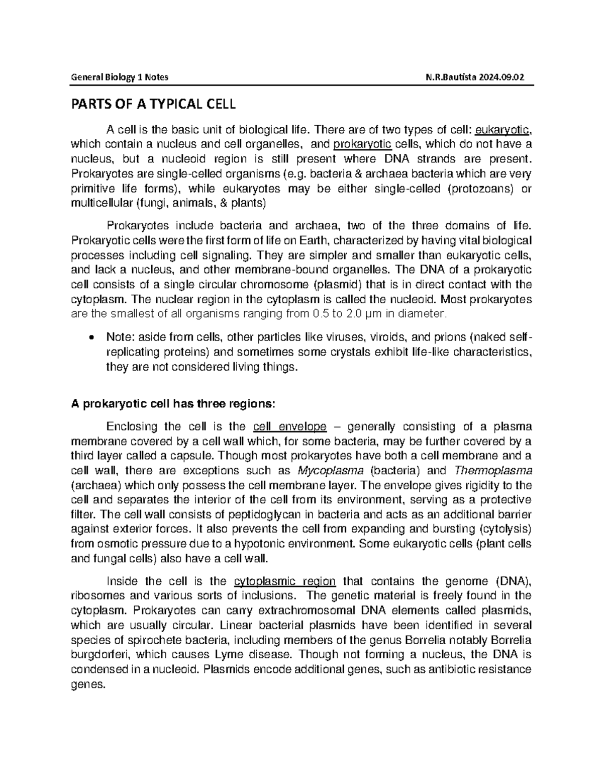 Parts of a Typical Cell - General Biology 1 Notes N.R 202 4 .0 9. 02 ...
